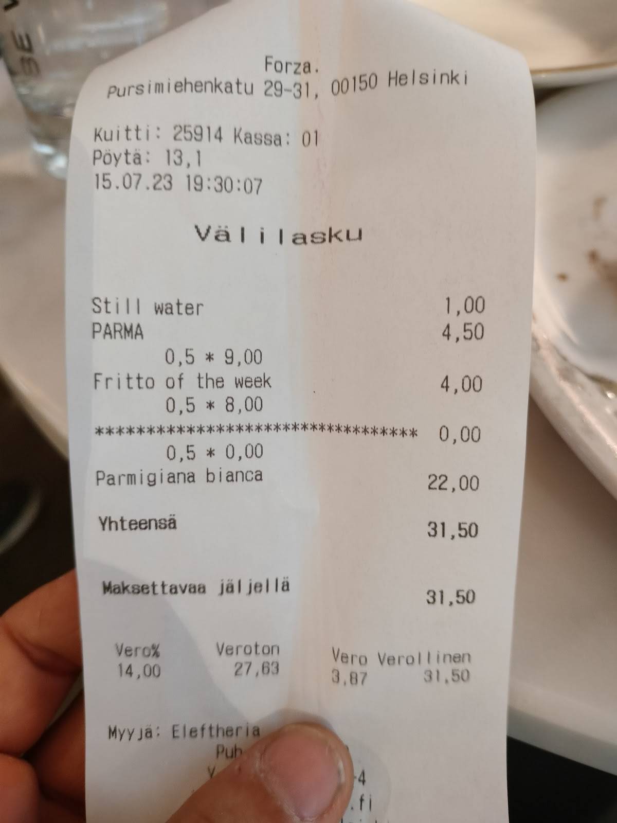 Menu at Restaurant Forza, Helsinki