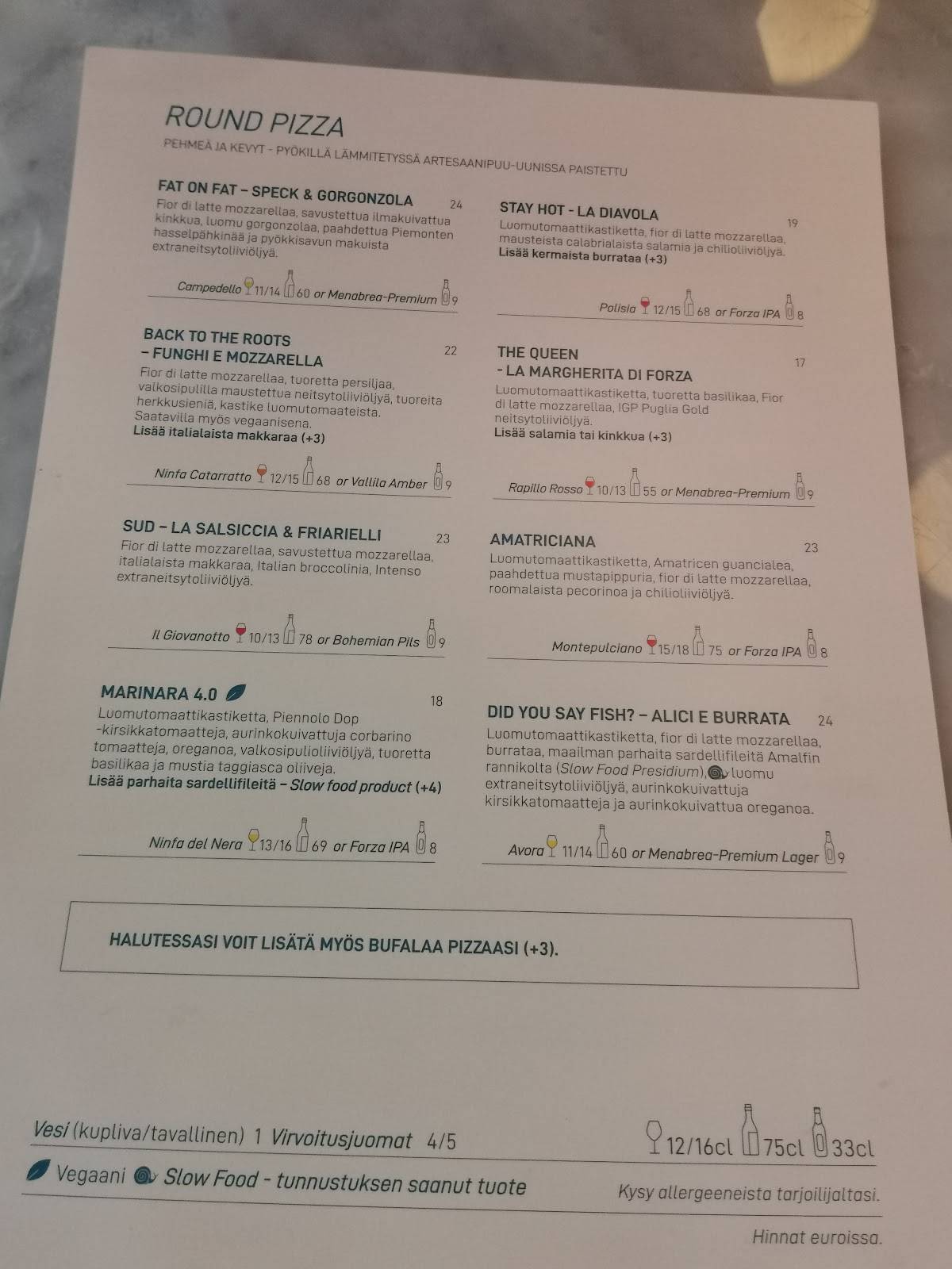 Menu at Restaurant Forza, Helsinki