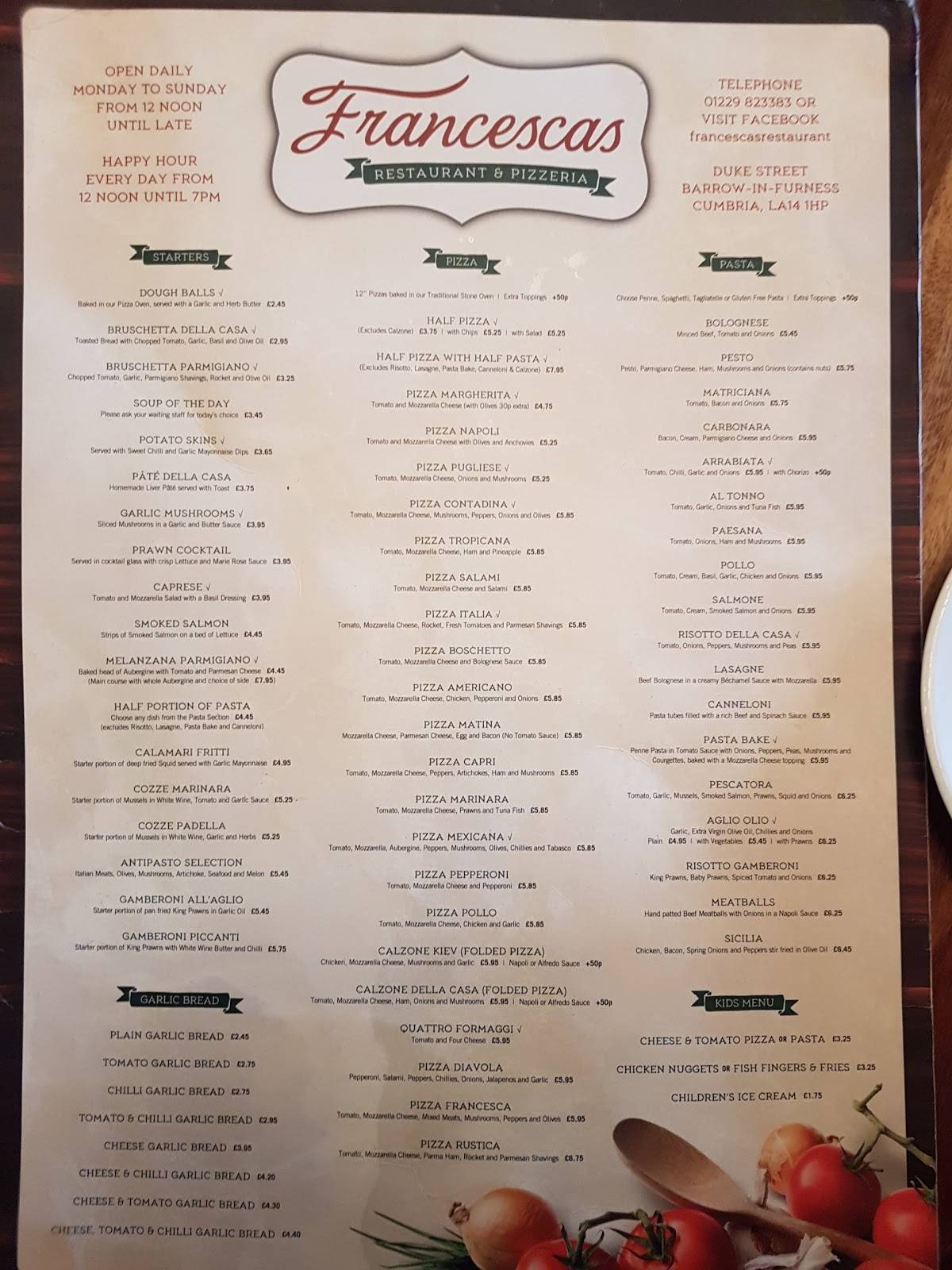 Menu at Francescas Italian Restaurant, Barrow-in-Furness