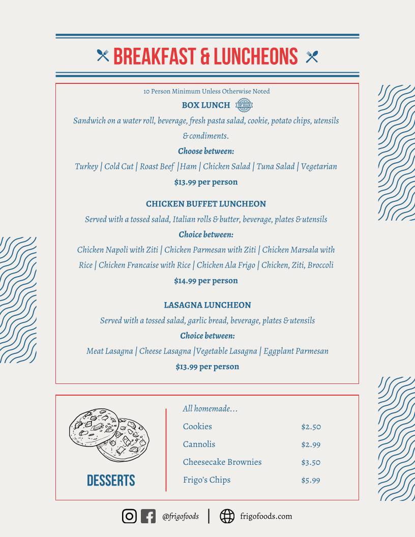 Menu at Frigo Foods restaurant, East Longmeadow