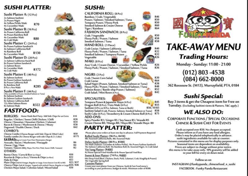 Menu at Funky Panda Chinese Food & Sushi Bar, Pretoria