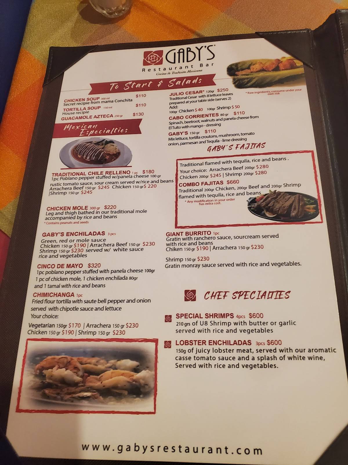 Menu at Gaby's Restaurant, Puerto Vallarta, Calle Mina 252