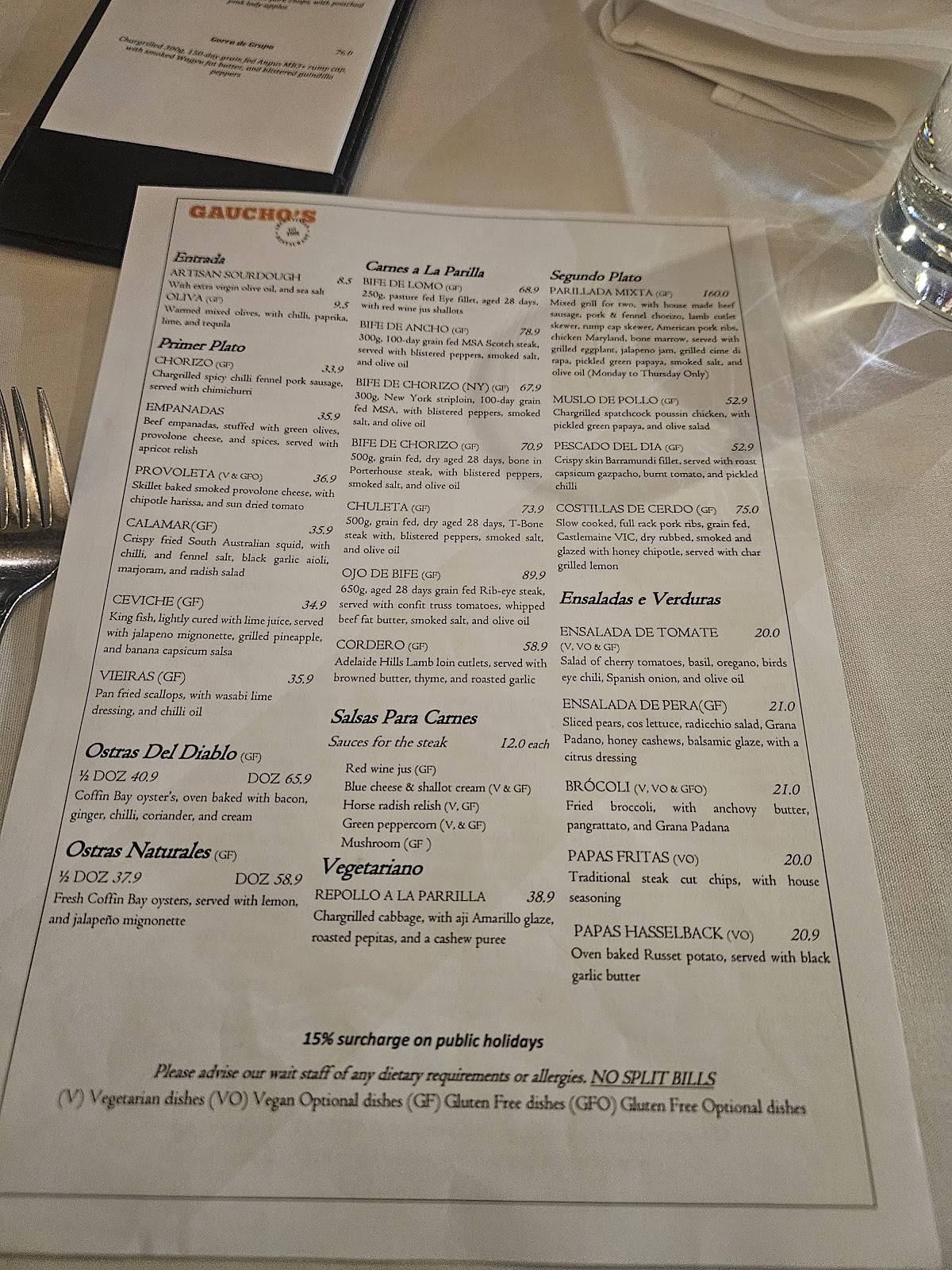 Menu at Gaucho's Argentinian Restaurant, Adelaide