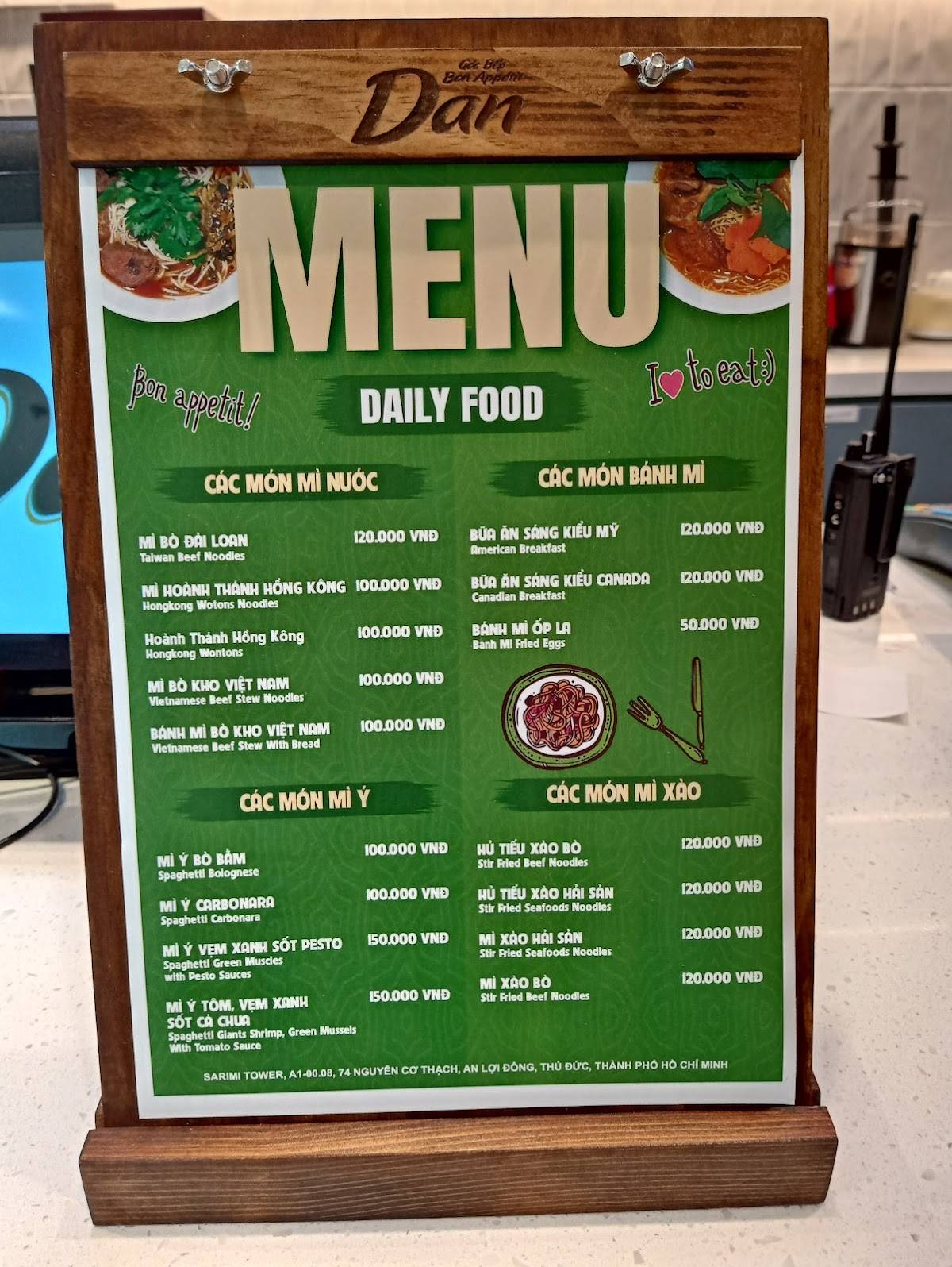 Menu at Góc bếp Dan restaurant, Ho Chi Minh City