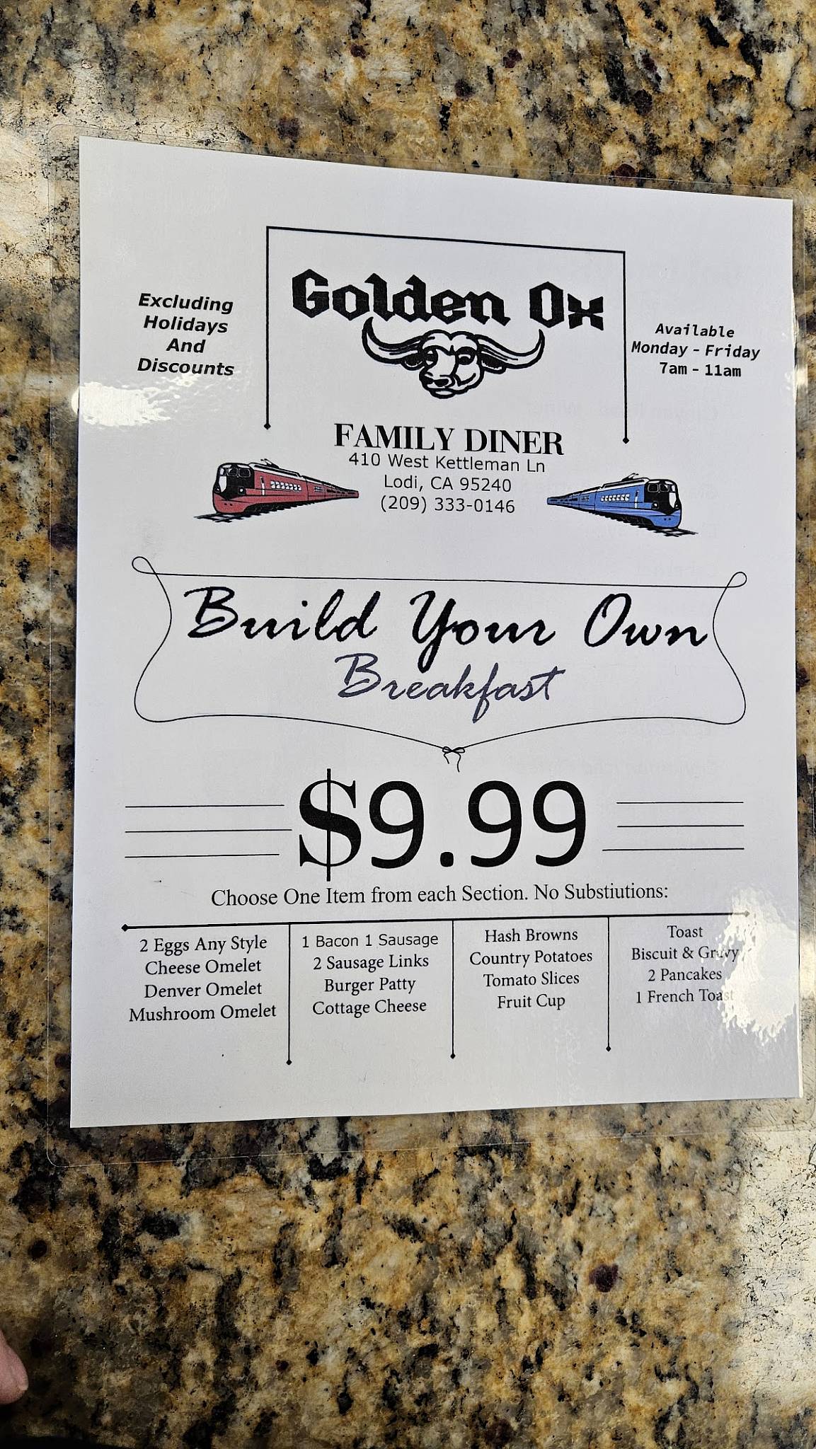 Menu at Golden Ox Diner restaurant, Lodi