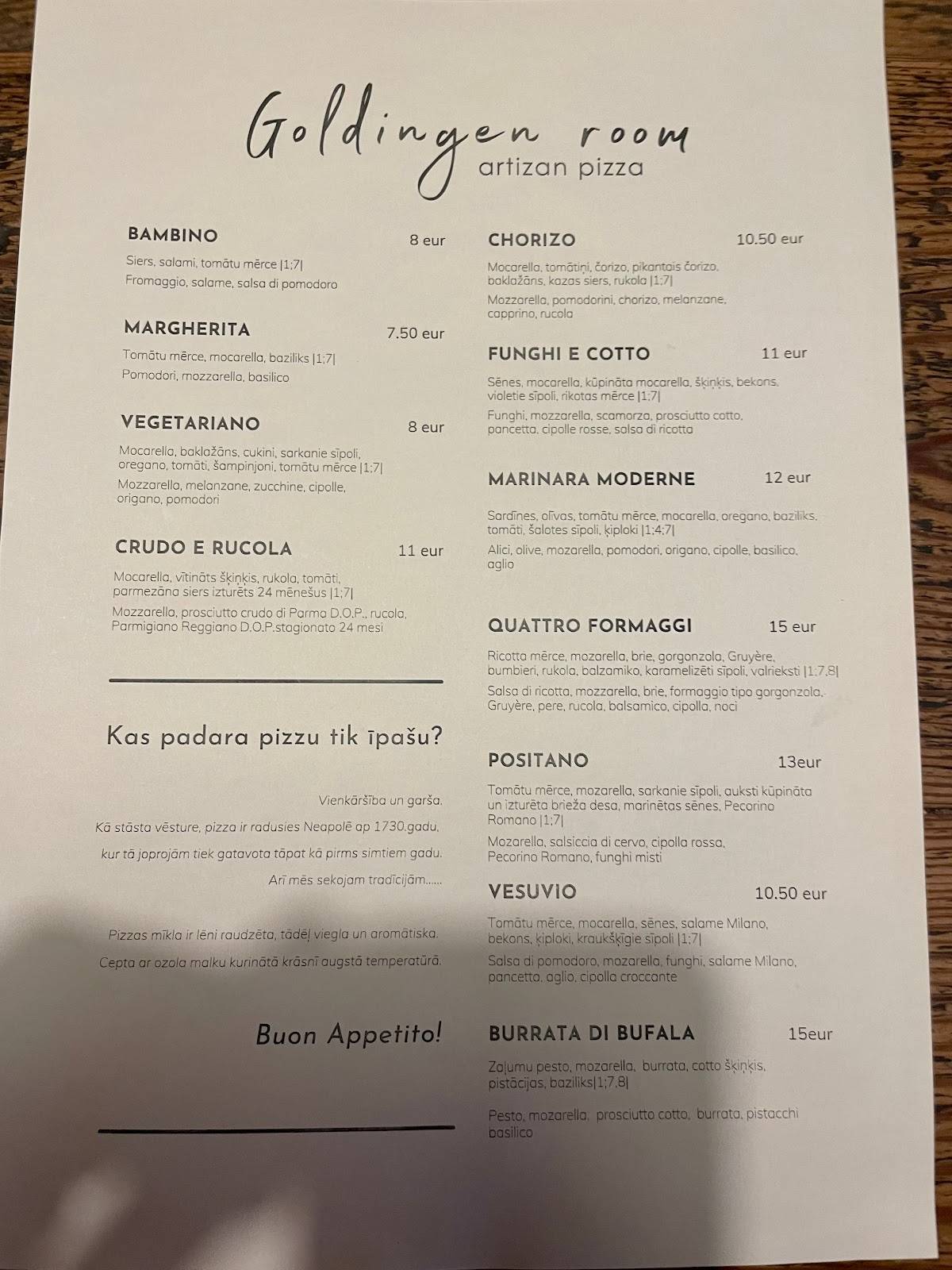 Menu at Goldingen Room restaurant, Kuldīga