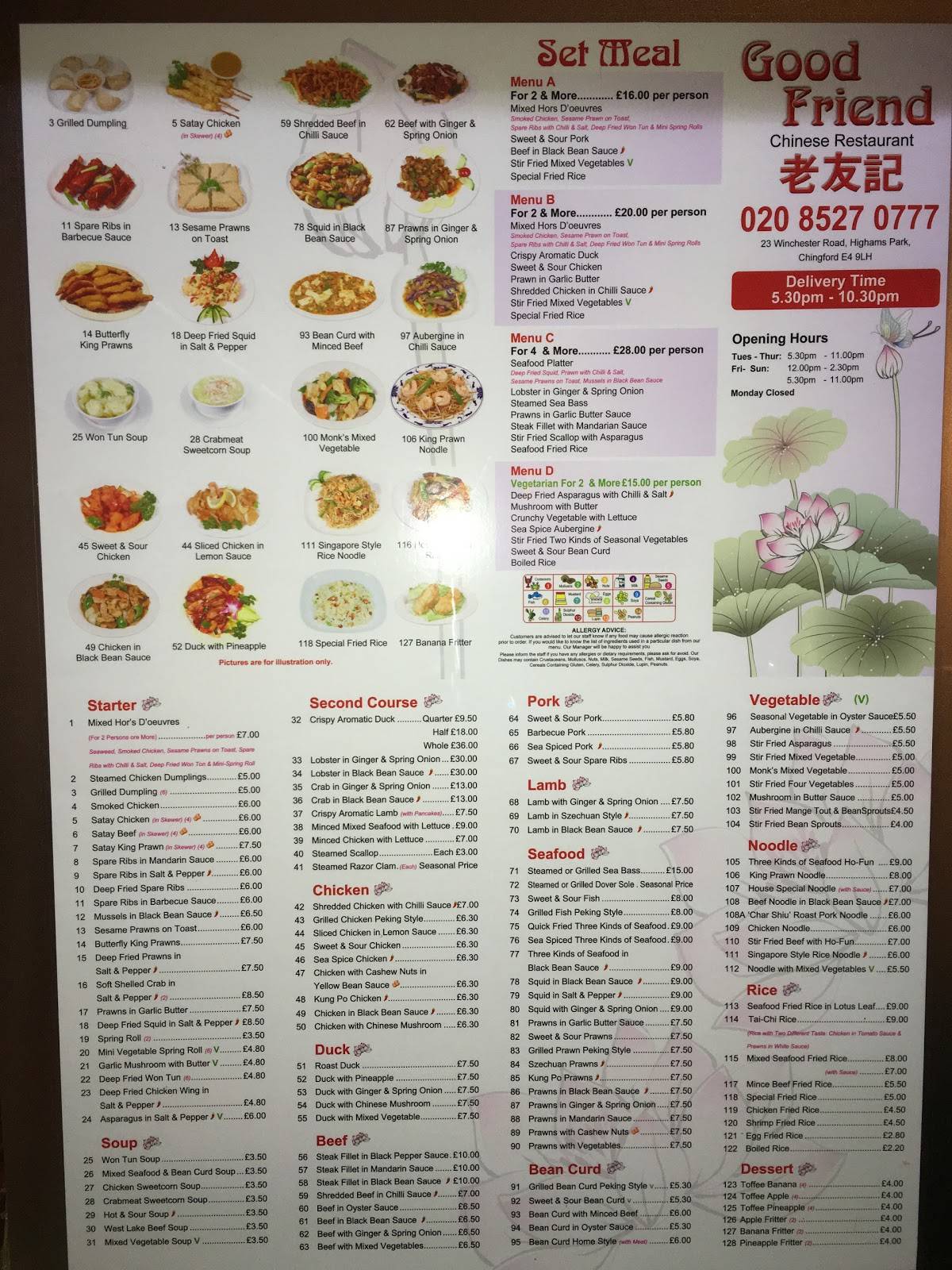 Menu at Good Friend restaurant, London, 23 Winchester Rd