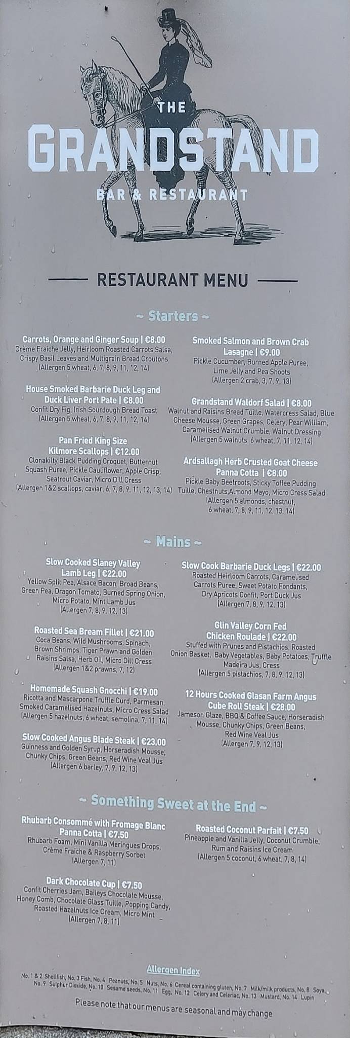 Menu at Grandstand Restaurant, Dublin