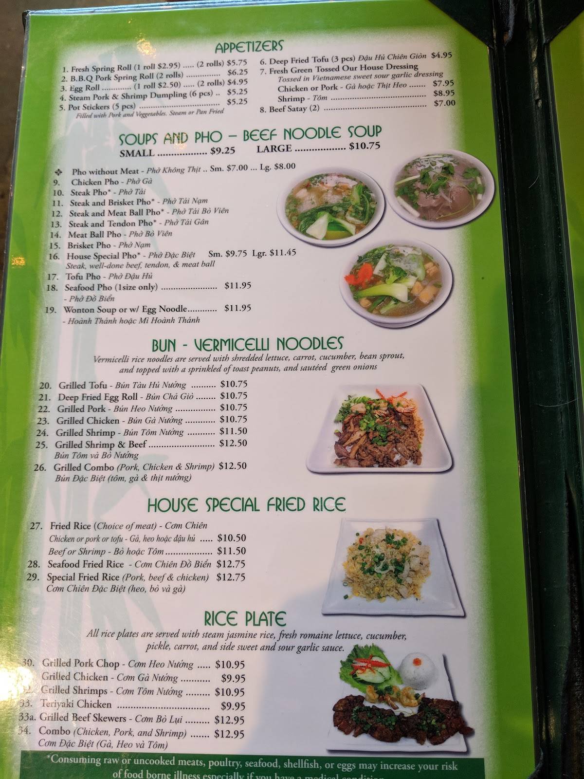Menu at Green Garden Pho restaurant, Silverdale