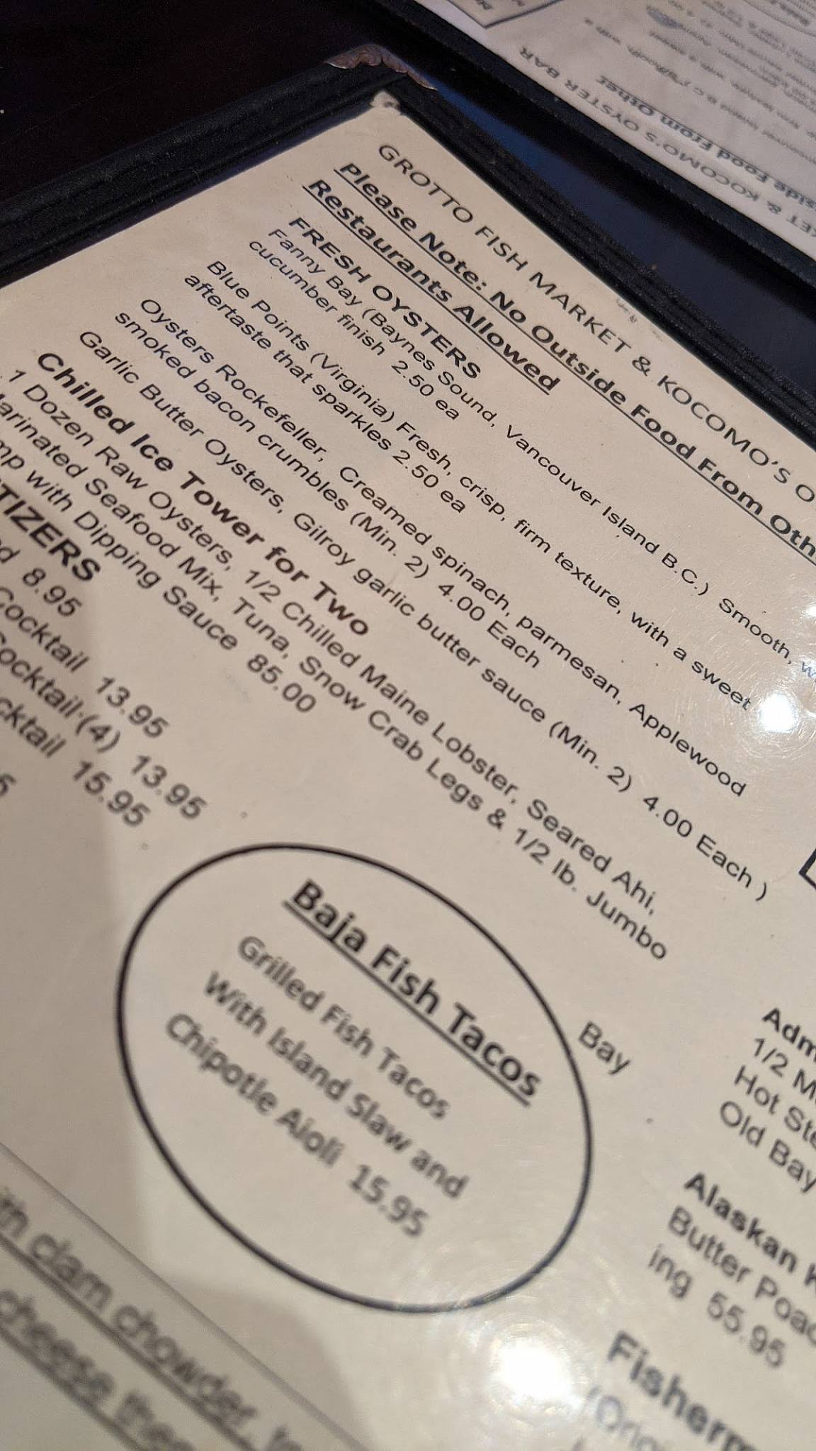 Menu at Grotto Fish Market restaurant, Monterey