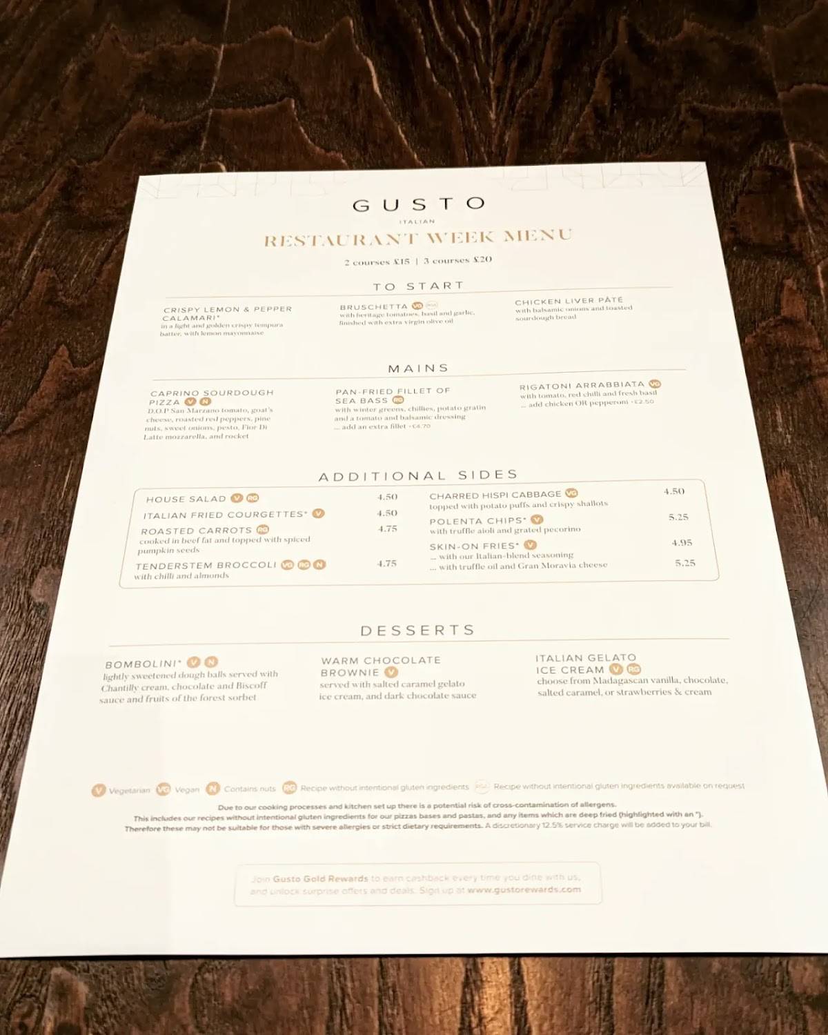 Menu at Gusto Italian restaurant, Nottingham, 29 Upper Parliament St