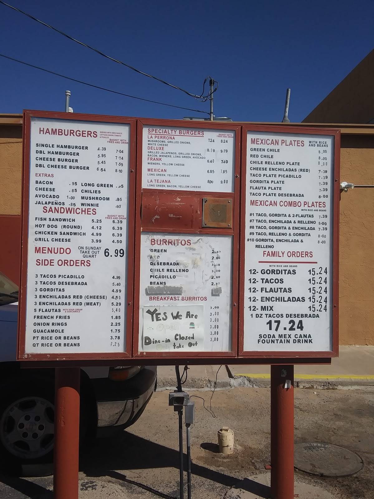 Menu at Happy Burger restaurant, El Paso