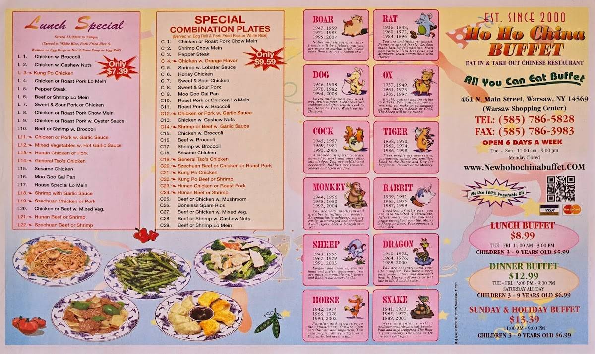 Menu at Ho Ho China Buffet restaurant, Warsaw