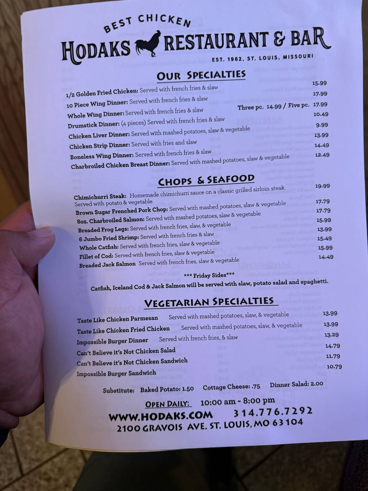 Menu at Hodak's Restaurant & Bar, St. Louis
