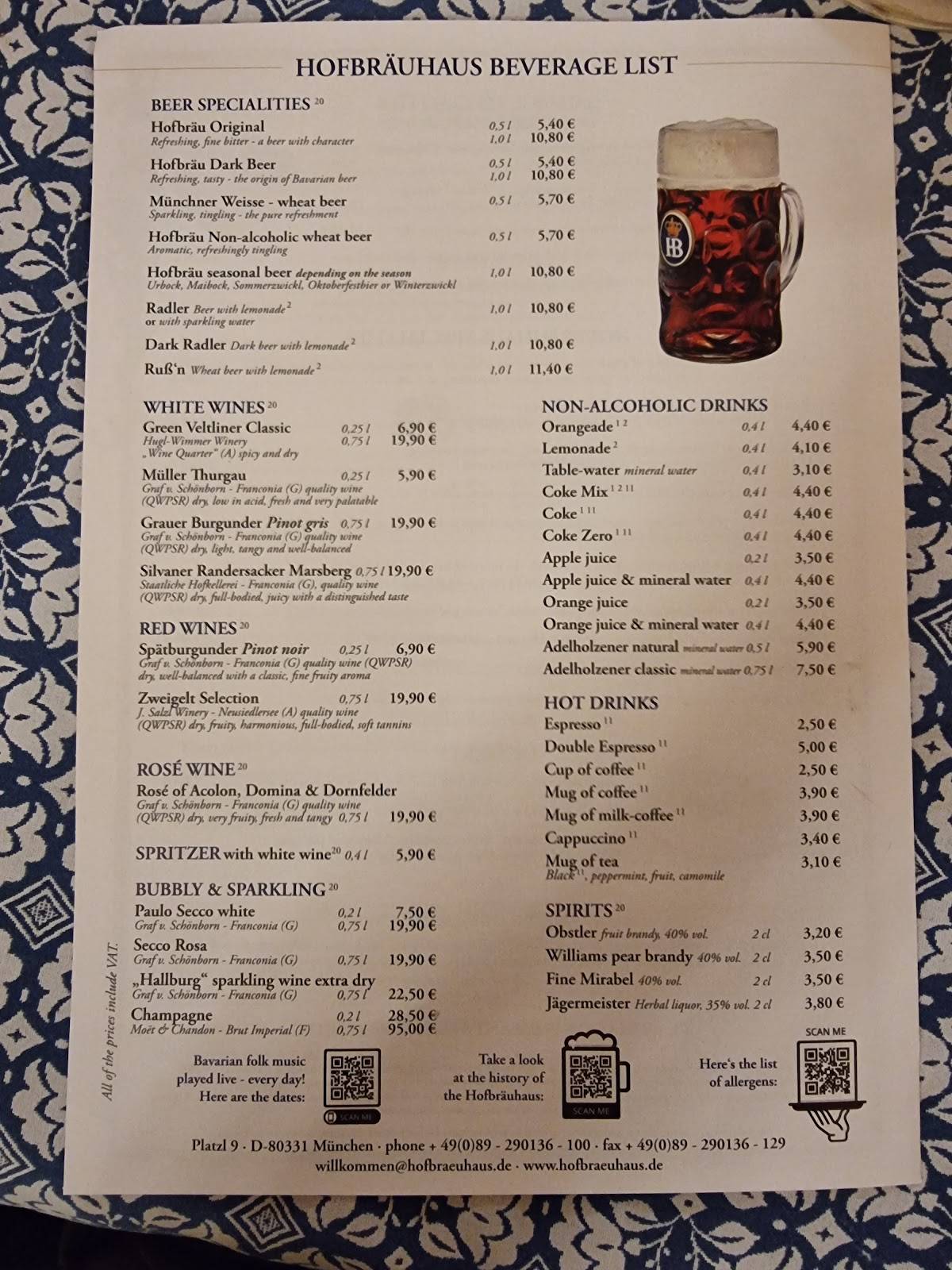 Menu at Hofbräuhaus München restaurant, Munich, Platzl 9