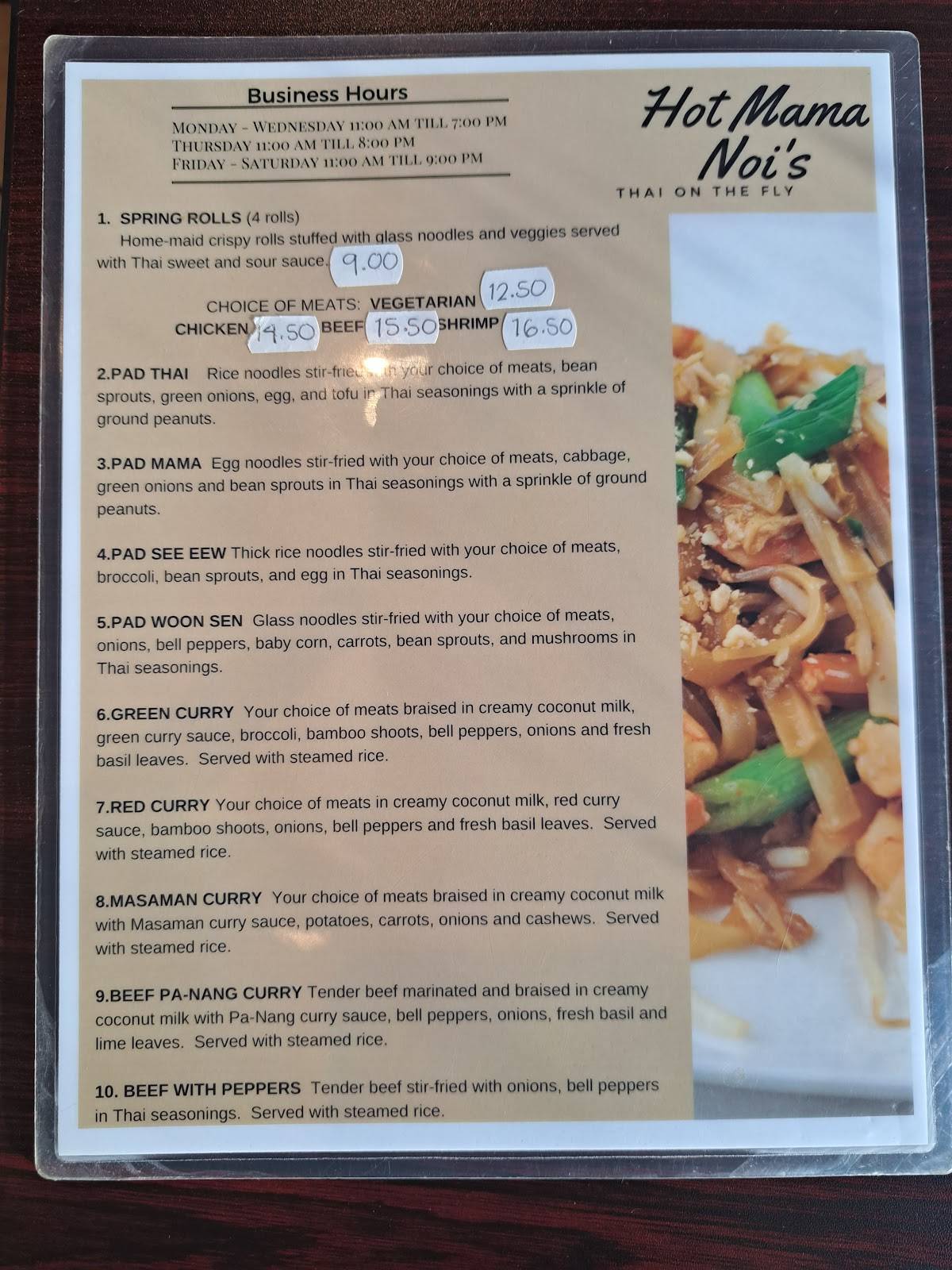 Menu at Hot Mama Noi's Thai On The Fly restaurant, Pickering