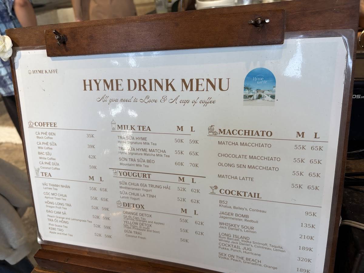 Menu at Hyme Kaffé, Phan Thiet