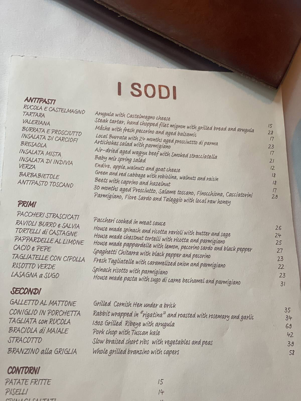 Menu at I Sodi restaurant, New York City, 314 Bleecker St