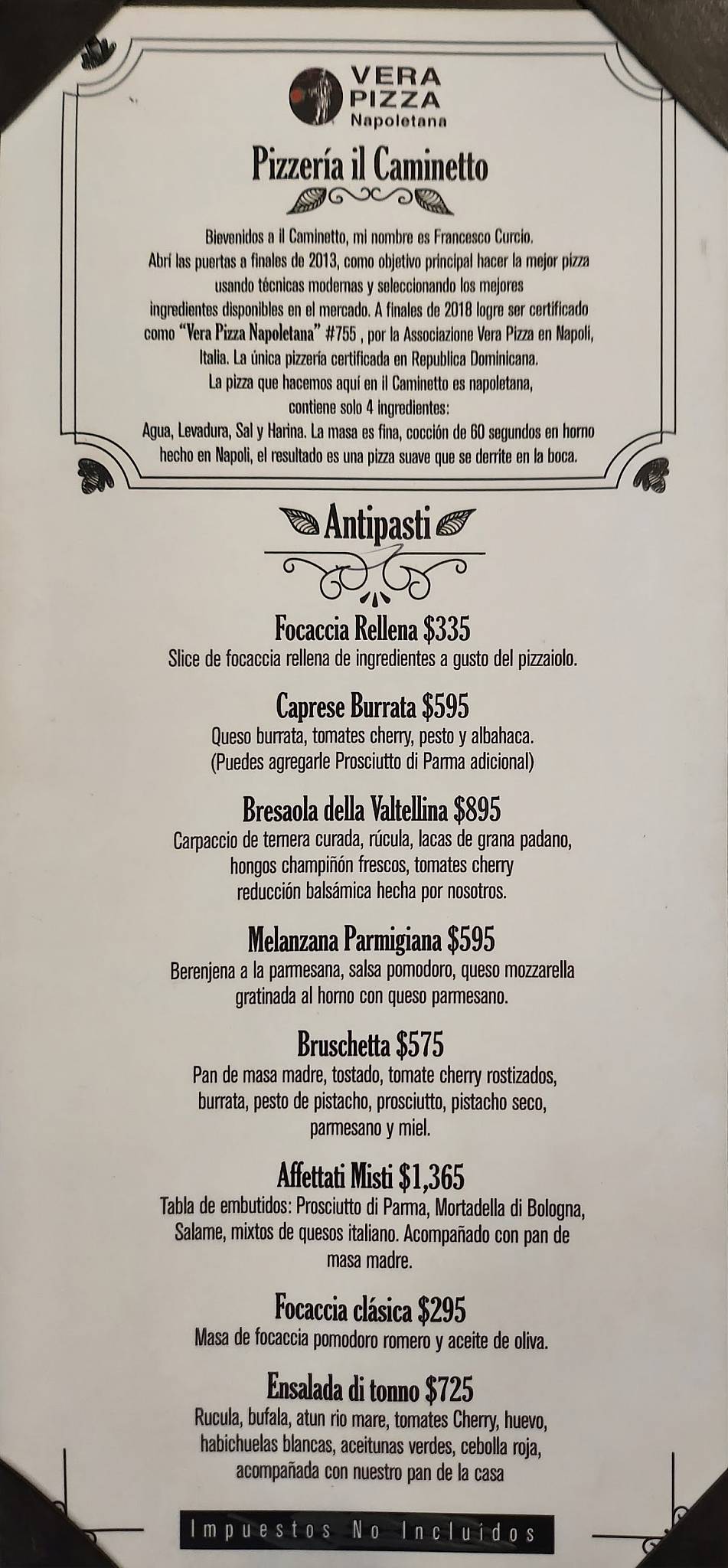 Menu at Il Caminetto restaurant, Santo Domingo, Av Ing Roberto Pastoriza