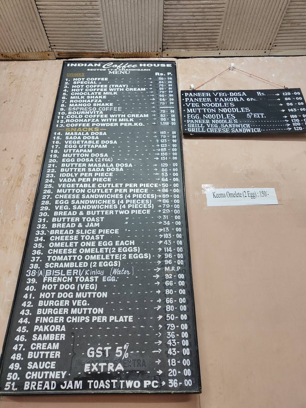 Menu at Indian Coffee House, Chandigarh, SCO 12