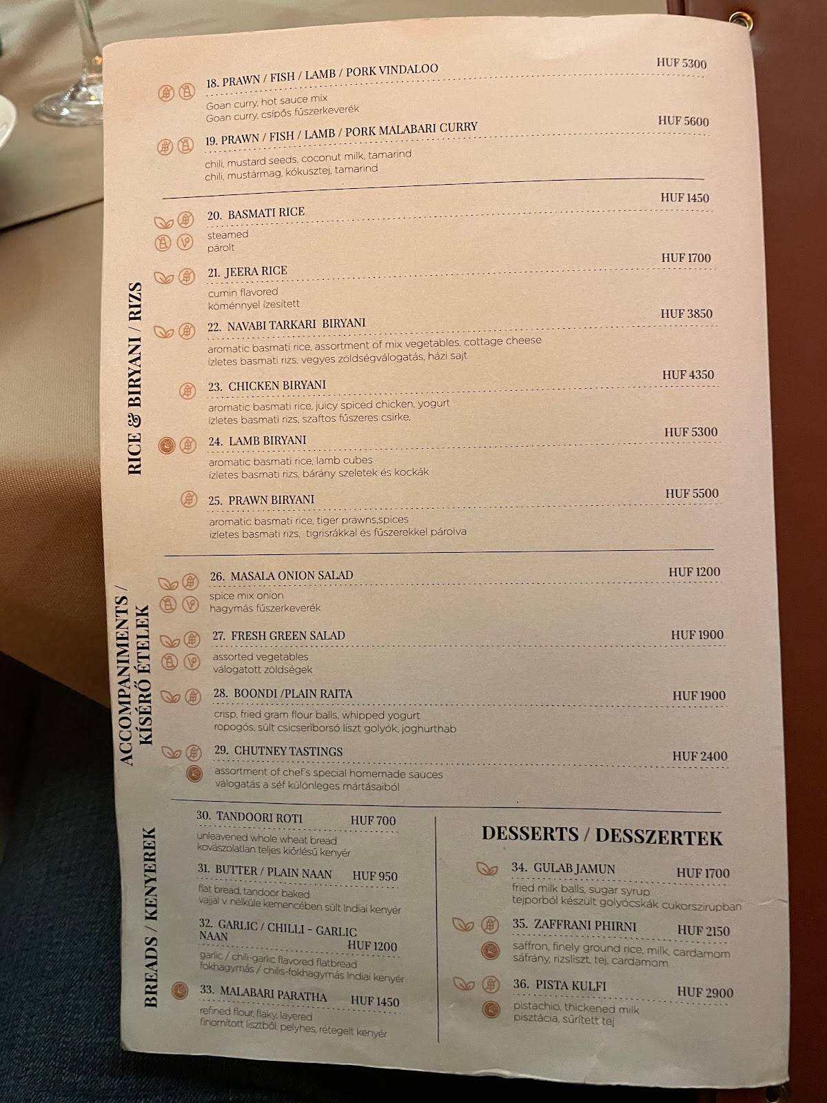 Carta de Indian Palate - Indian Restaurant in Budapest, Budapest
