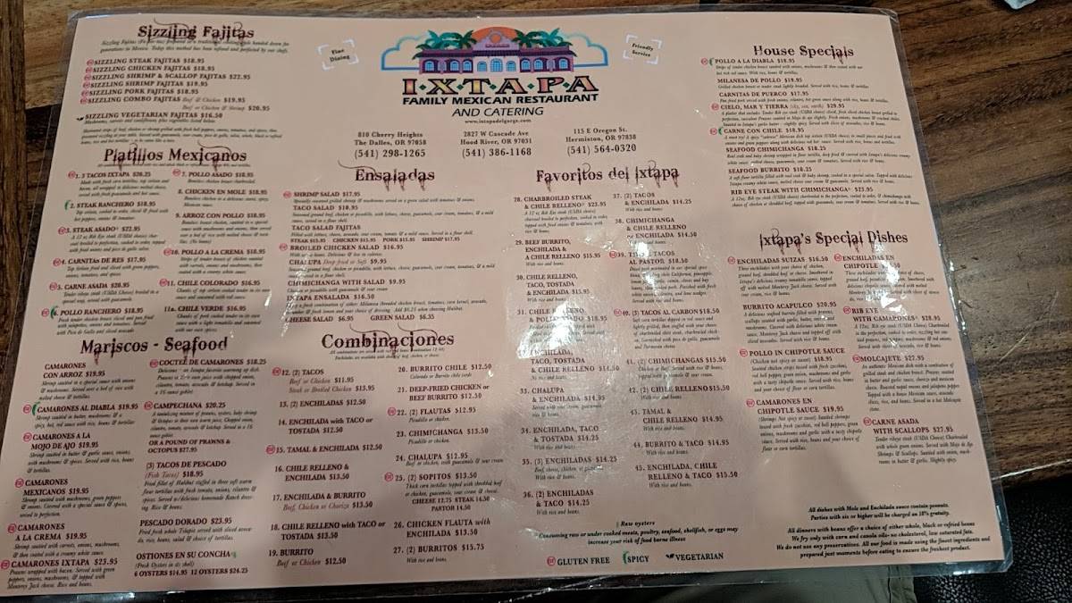Menu at Ixtapa Mexican Restaurant, Hood River