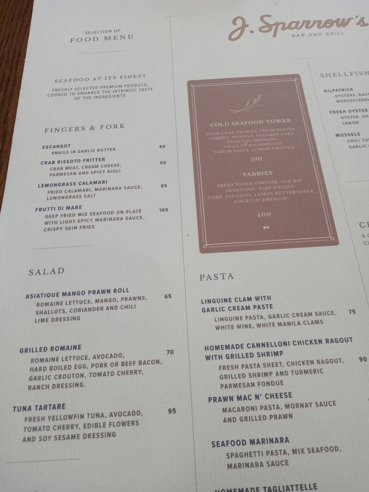 Menu at J.Sparrow Bar & Grill, South Jakarta