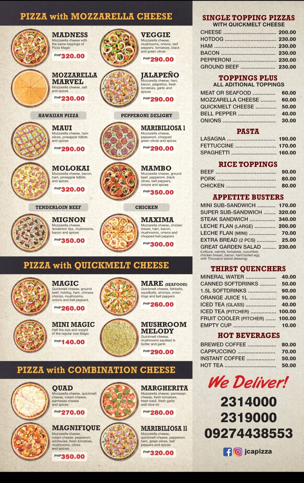 Menu at JCA Pizza restaurant, Cebu City, 935 M Salinas Dr