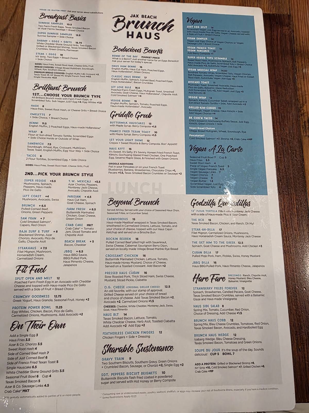 Menu at Jax Beach Brunch Haus restaurant, Jacksonville Beach
