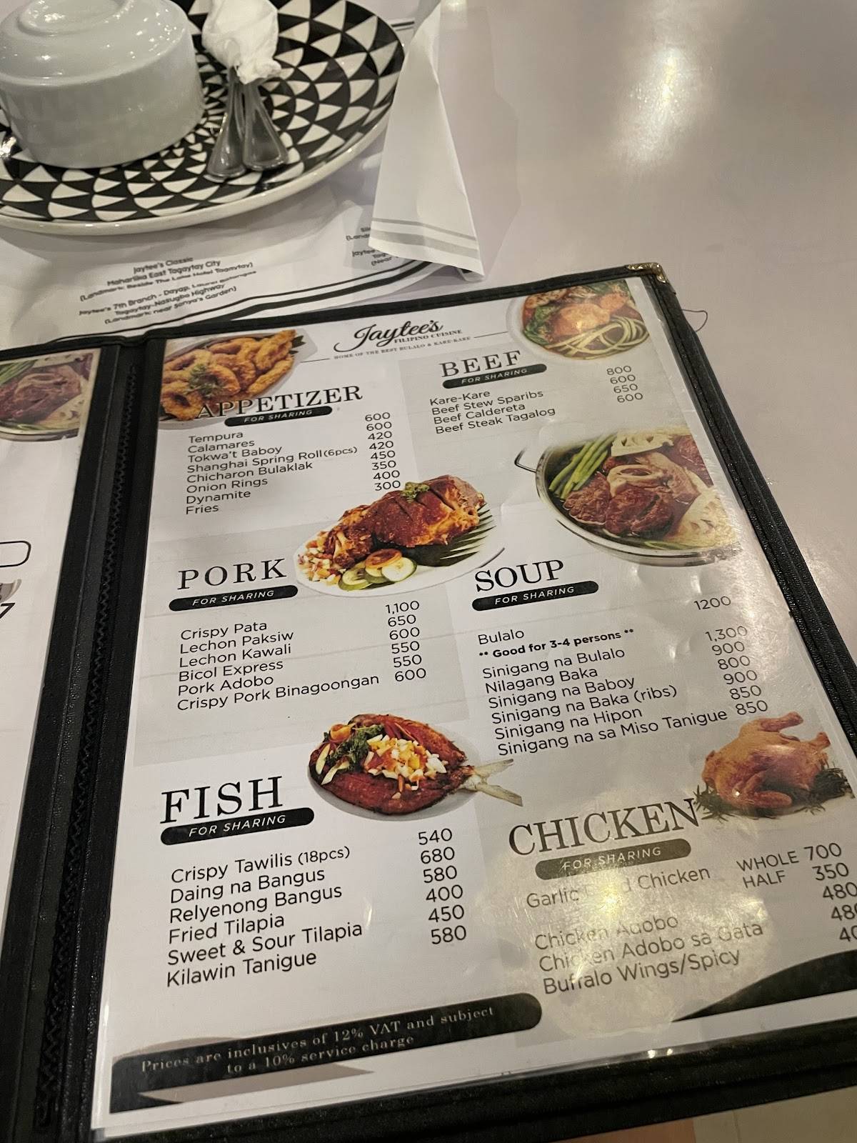 Menu at Jaytee's Filipino Cuisine restaurant, Tagaytay, 4X22+WV7