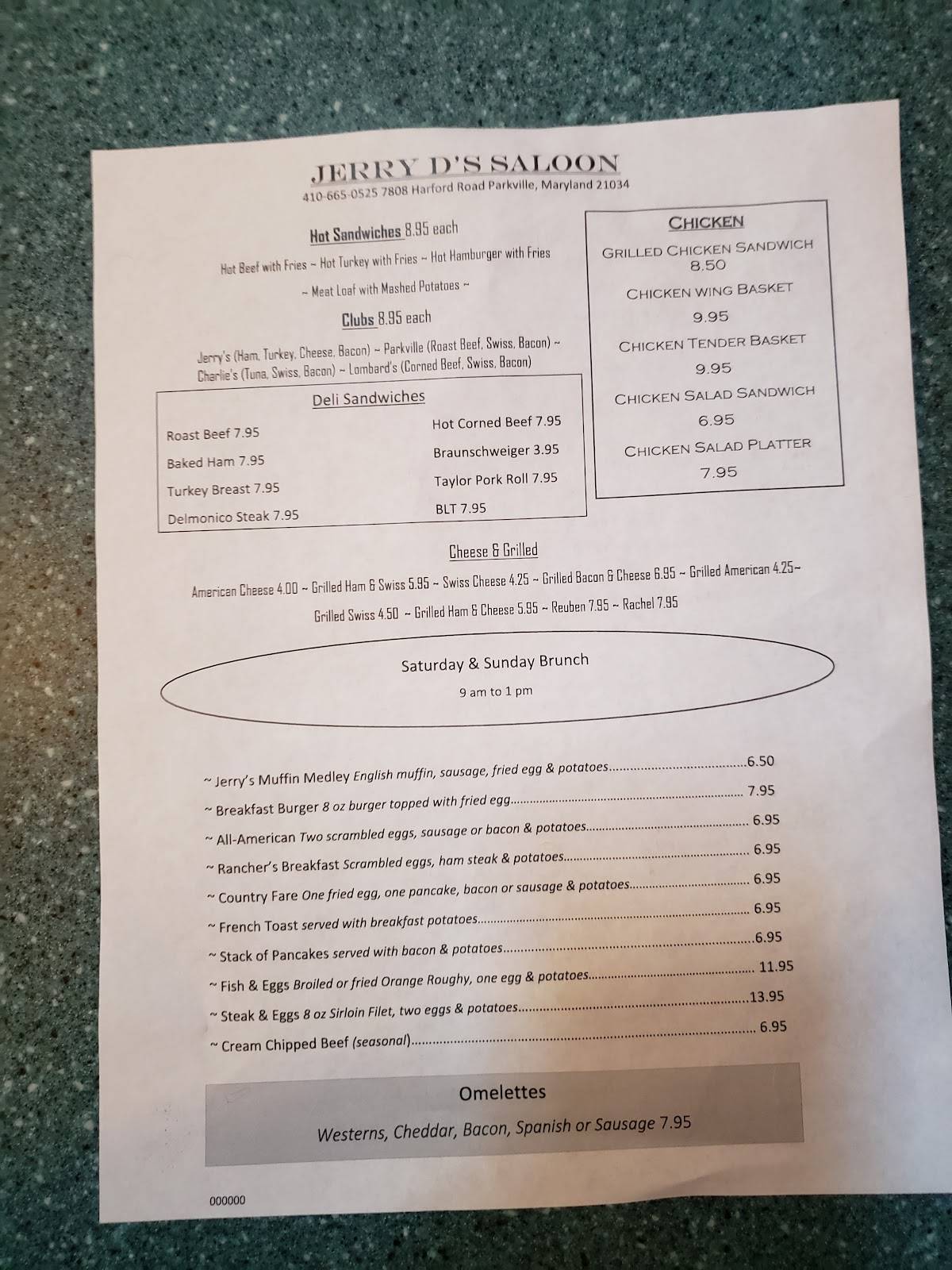 Menu at Jerry D's Saloon restaurant, Parkville