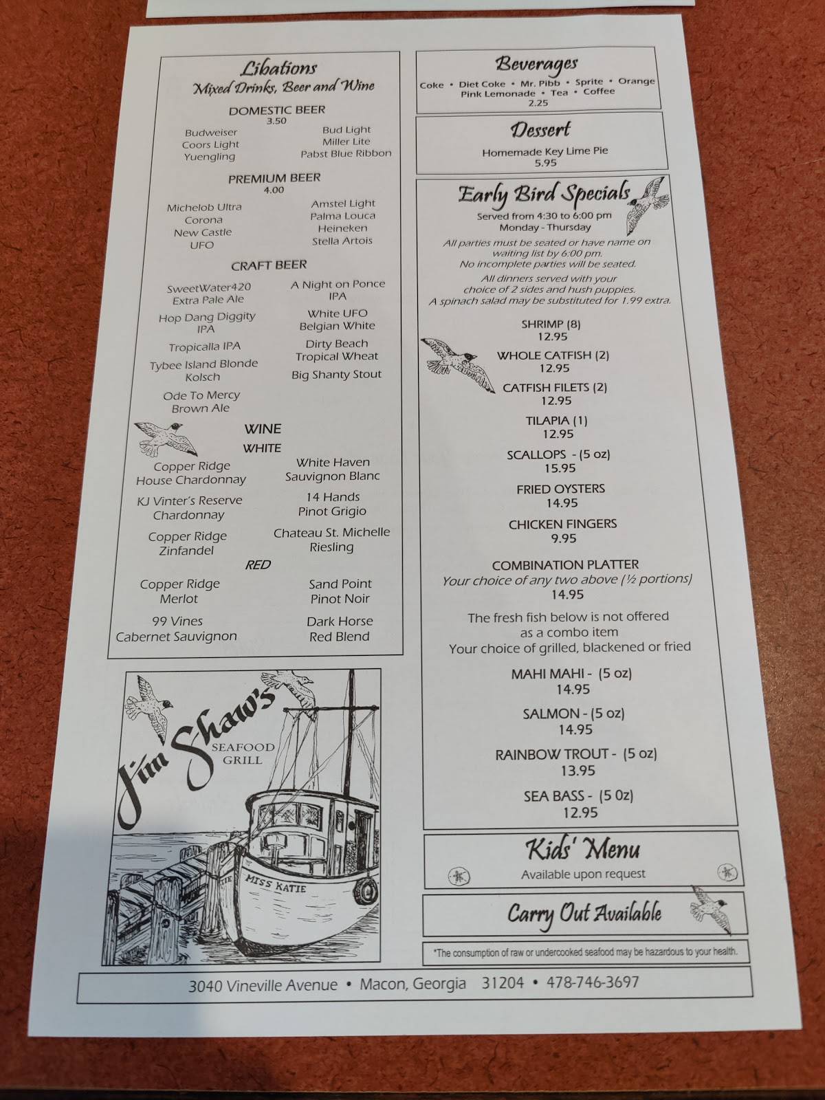 Menu at Jim Shaw's Seafood Grill restaurant, Macon