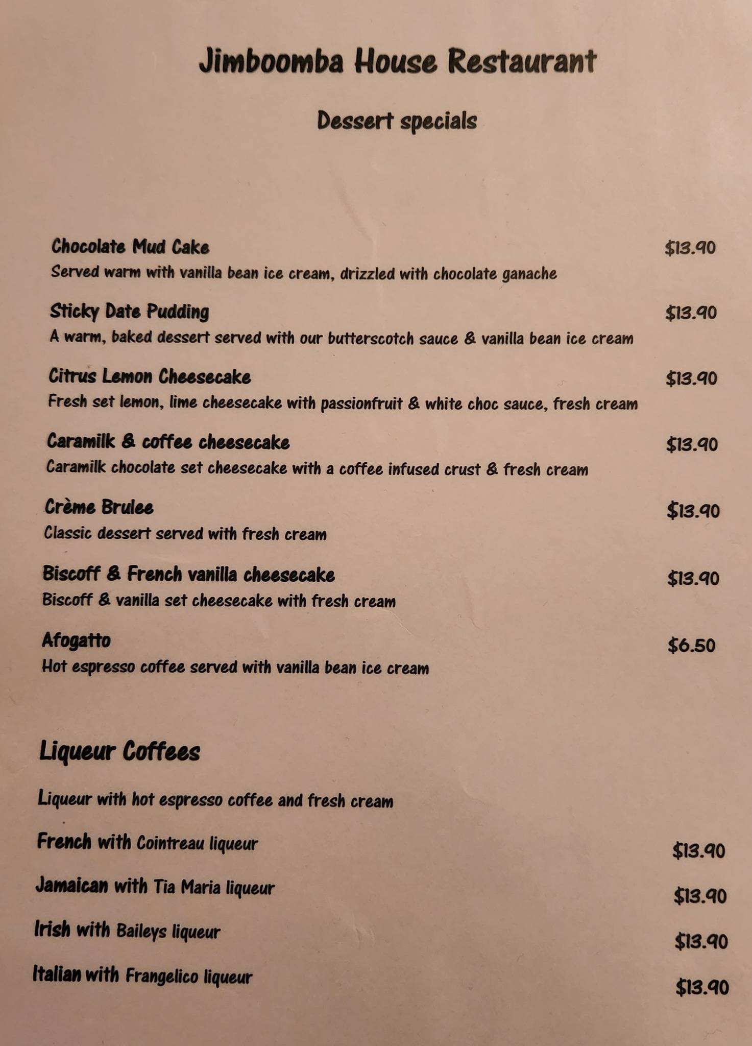 Menu at Jimboomba House Restaurant, Jimboomba, 105 Johanna St