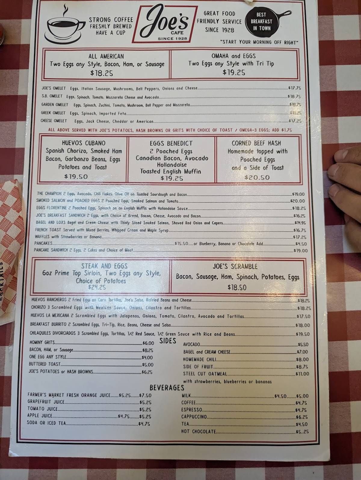 Menu at Joe's Cafe, Santa Barbara
