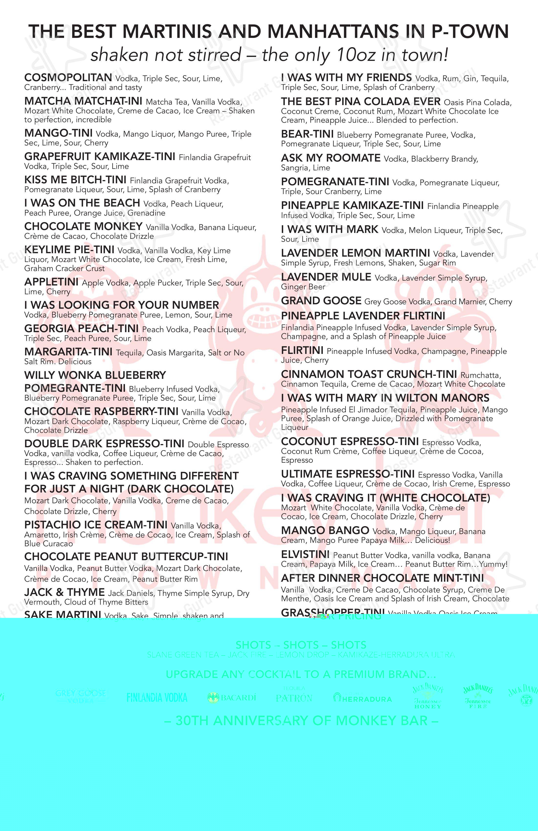 Carta de Monkey Bar Johnny Thai, Provincetown