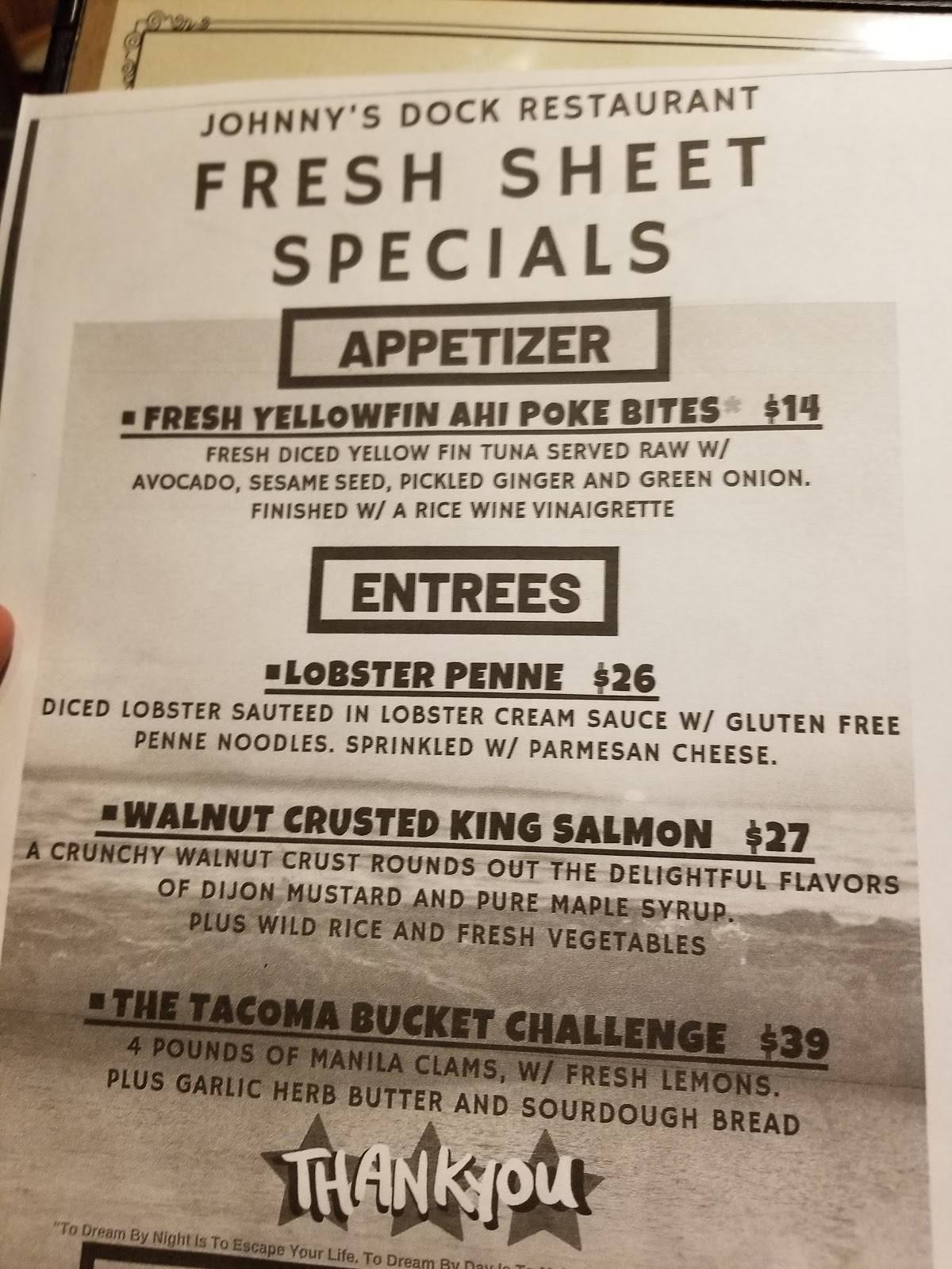 Menu at Johnny's Dock Marina restaurant, Tacoma