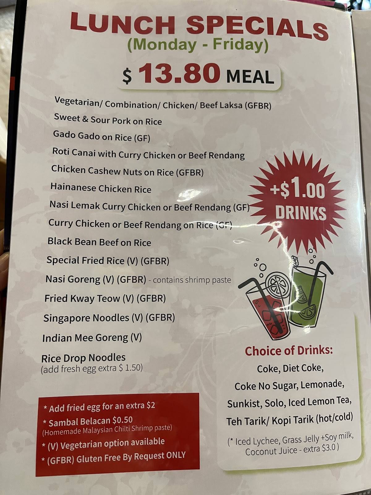 Menu at KL Bunga Raya restaurant, North Melbourne