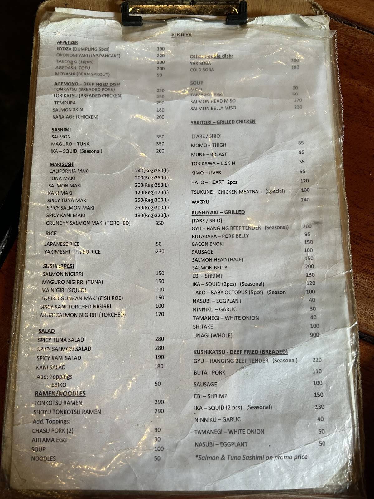 Menu at KUSHIYA restaurant, Bacolod