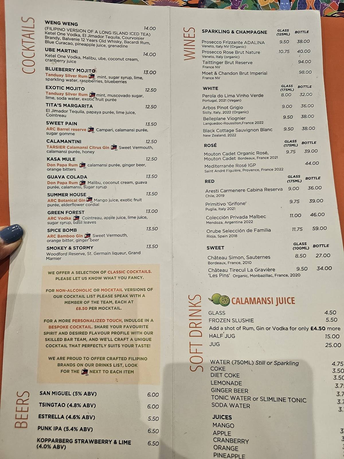 Menu at Kasa and Kin restaurant, London