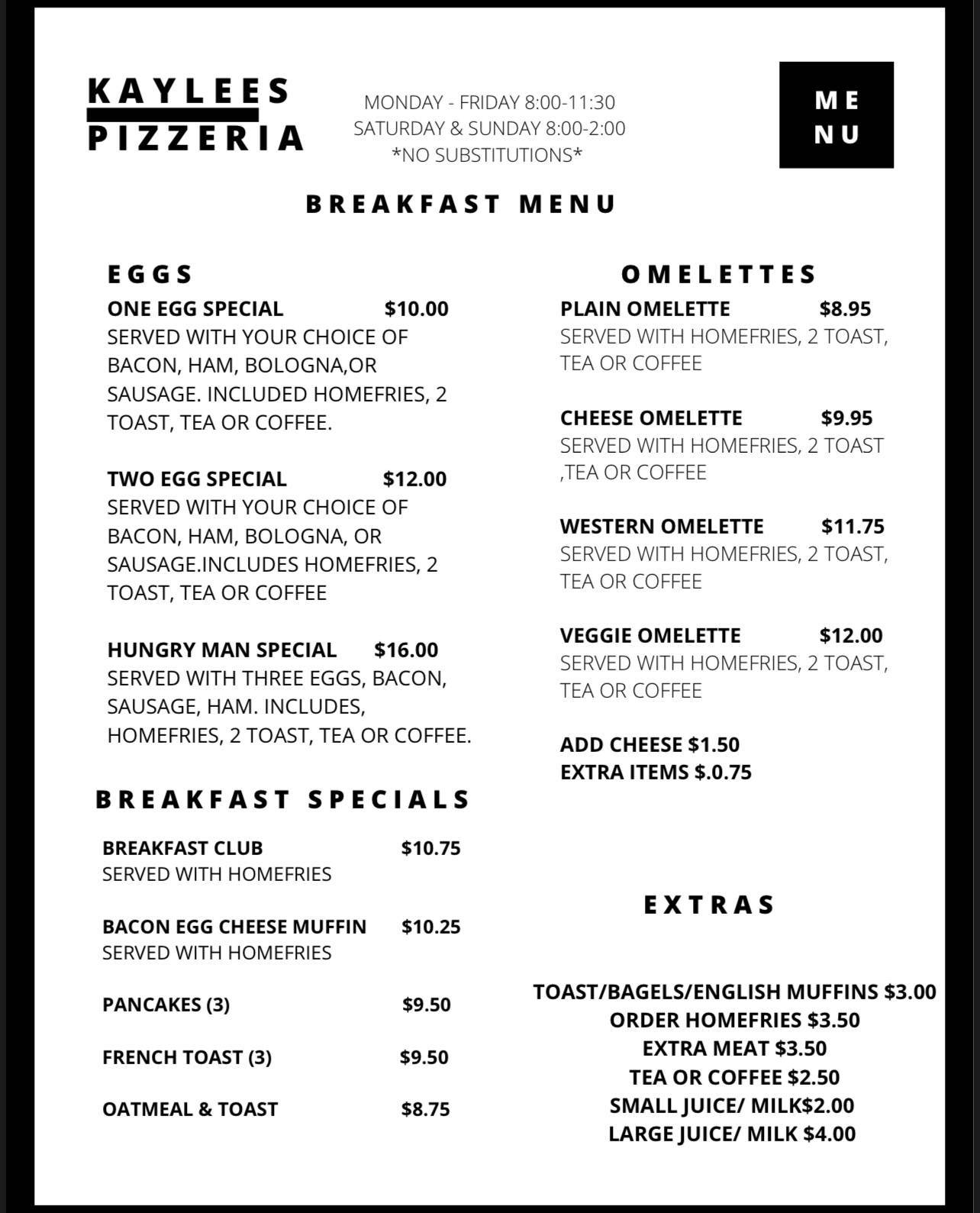 Menu at Kaylee's Pizzeria, Kapuskasing