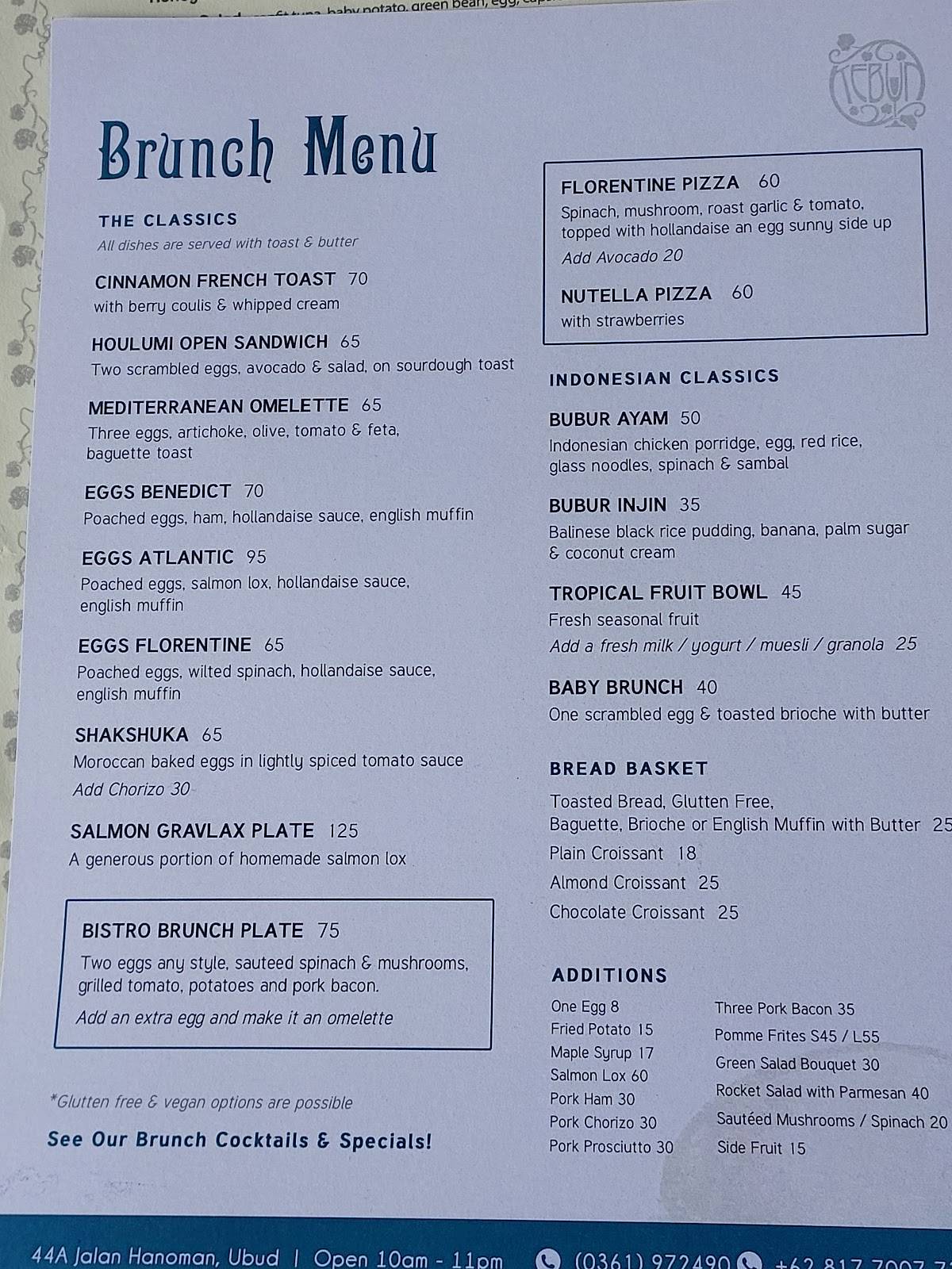 Menu at Kebun Bistro fast food, Ubud