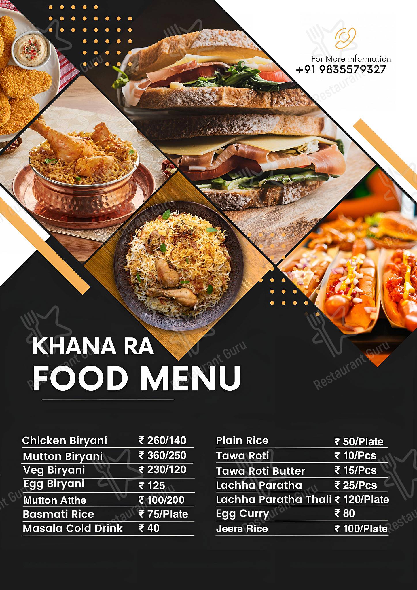 Menu at Khana Ra biryani point, Hazaribagh