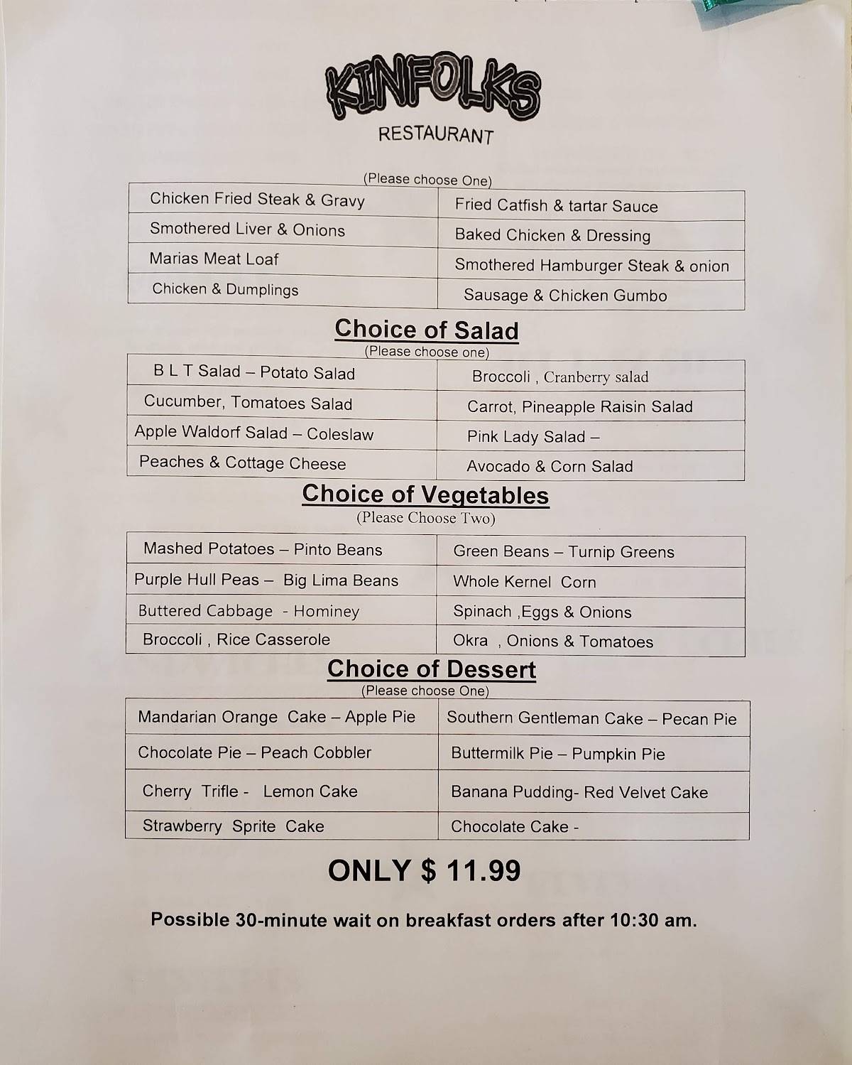 Menu at Kinfolks Restaurant, Nacogdoches