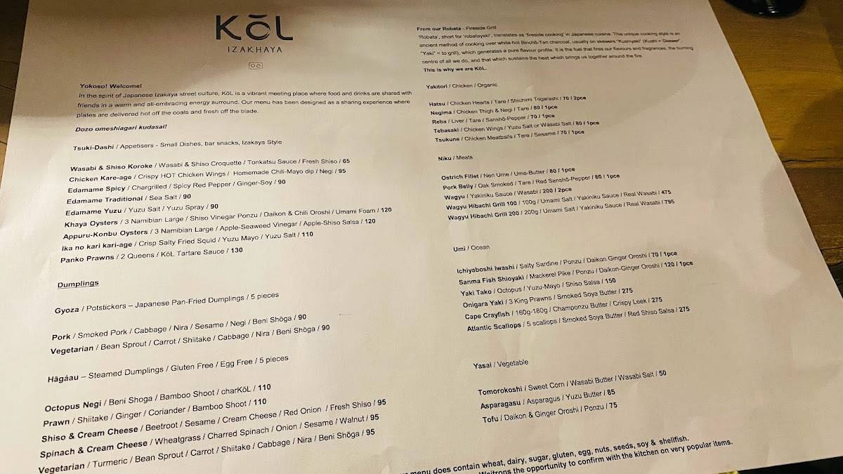 Menu at KōL Izakhaya restaurant, Sandton