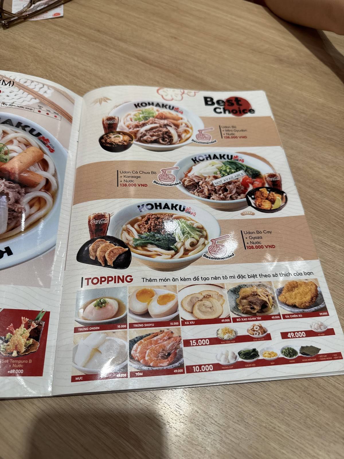 Menu at Kohaku Udon & Ramen restaurant, Ho Chi Minh City