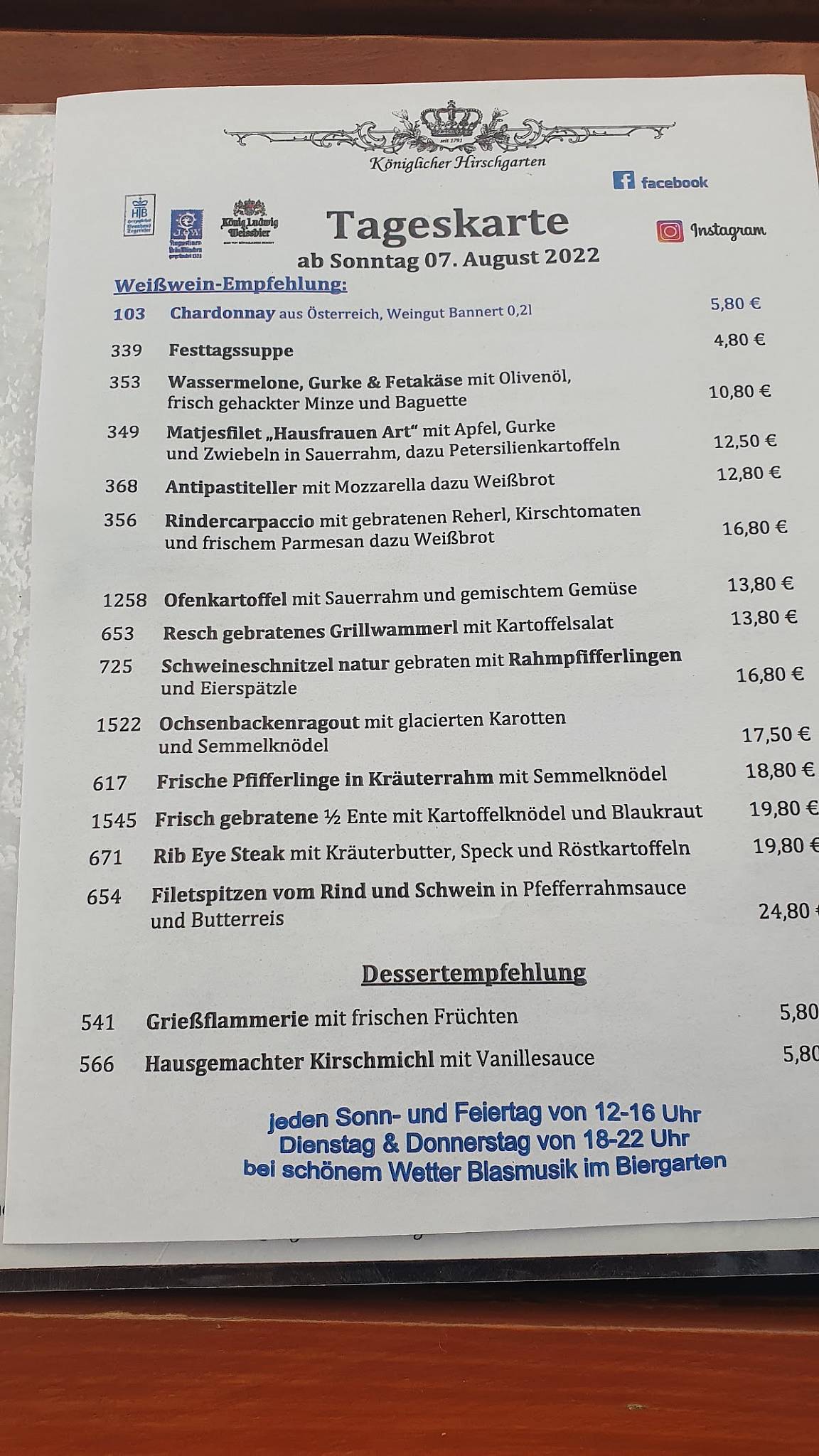 Speisekarte von Königlicher Hirschgarten restaurant, München ...