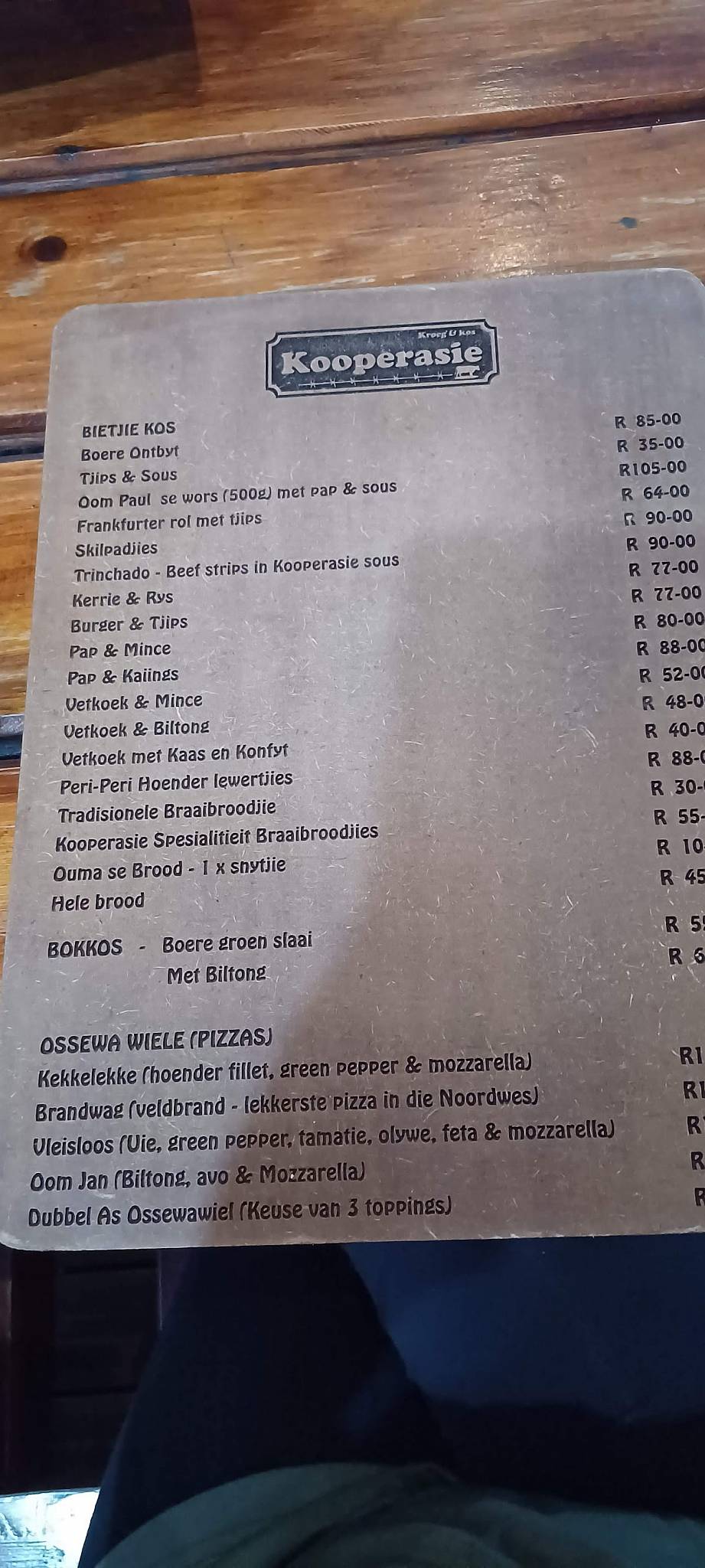 Menu at Kooperasie Kroeg & Kos restaurant, Potchefstroom