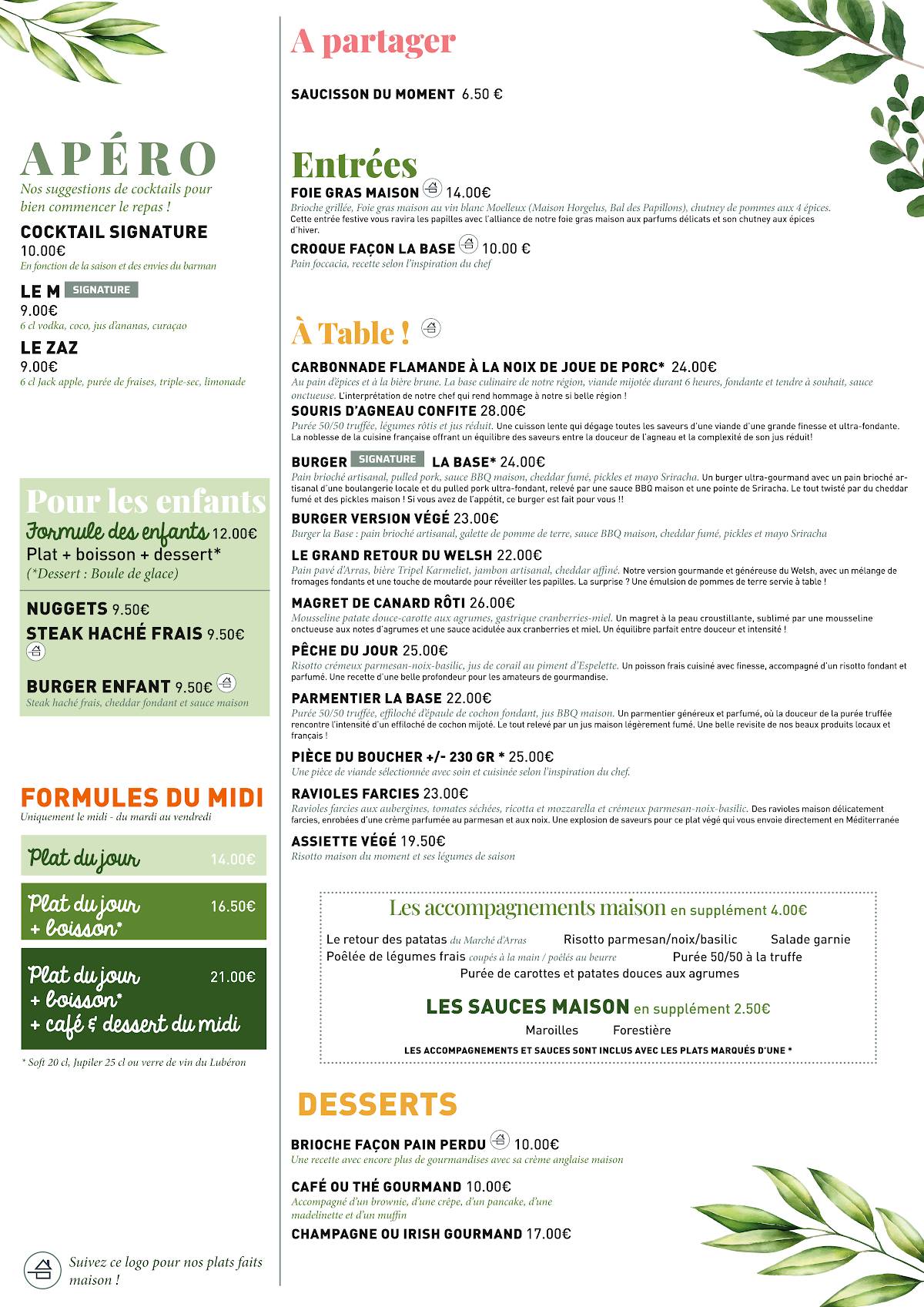 Menu au LA BASE restaurant, Arras