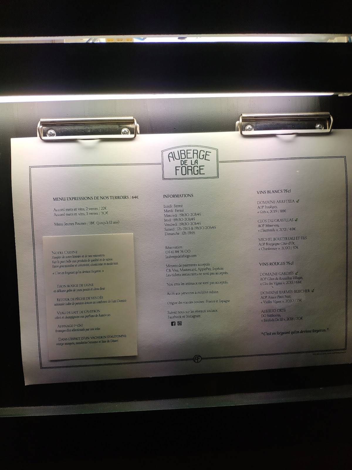 Menu au L'Auberge de la Forge restaurant, Lavalette