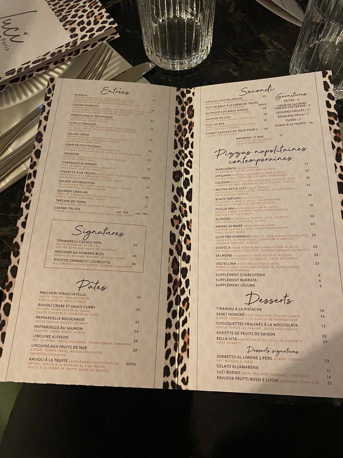 Menu au Luci restaurant, Argenteuil